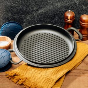 Risa Cast Iron, Oil-Coated Grill Pan for the Perfect Sear Grill on Oven, Stove, or Outdoor Grill | Works as Lid on Pots and Pans | Black, Deep Blue (RIS-FGS-A008-01-AA1US)