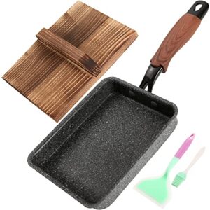 dxbviex japanese omelette pan nonstick with wooden lid, rectangle tamagoyaki pan, small square frying egg roll pan, 5.7"x 7.6" with spatula & brush (black)