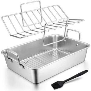 stainless steel roasting pan with rack, hasteel large 15.2in lasagna roaster pan, baking rack, v-shaped rack & 8in basting brush, great for turkey/chicken/veggies, heavy duty & dishwasher safe - 4pcs