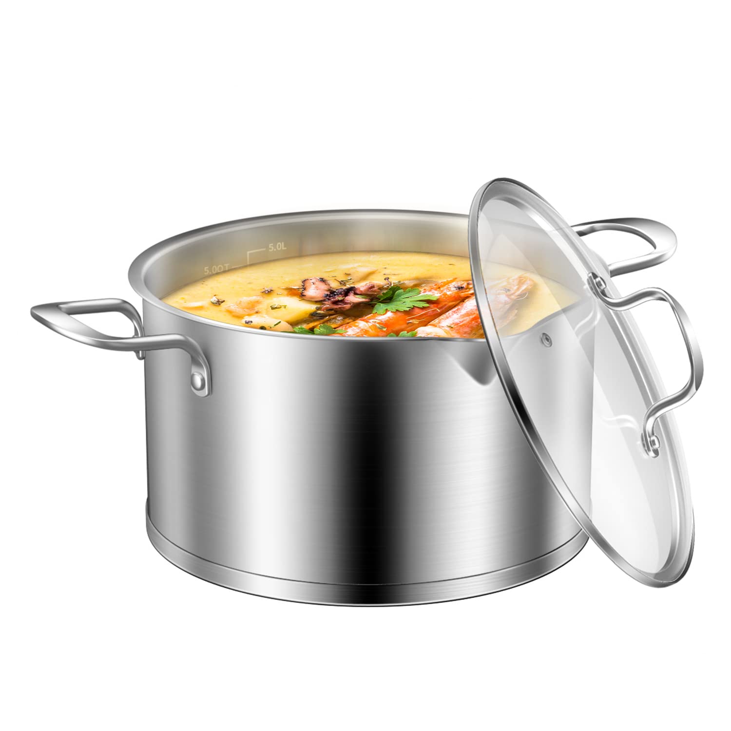 5 Quart Stainless Steel Induction Stock Pot with Glass Lid, 5 Qt Pasta Cooking Soup Pot with Pour Spout, Scale Engraved Inside, Oven Dishwasher Safe, Multipurpose Use For Home Kitchen Restaurant