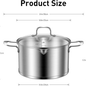 5 Quart Stainless Steel Induction Stock Pot with Glass Lid, 5 Qt Pasta Cooking Soup Pot with Pour Spout, Scale Engraved Inside, Oven Dishwasher Safe, Multipurpose Use For Home Kitchen Restaurant