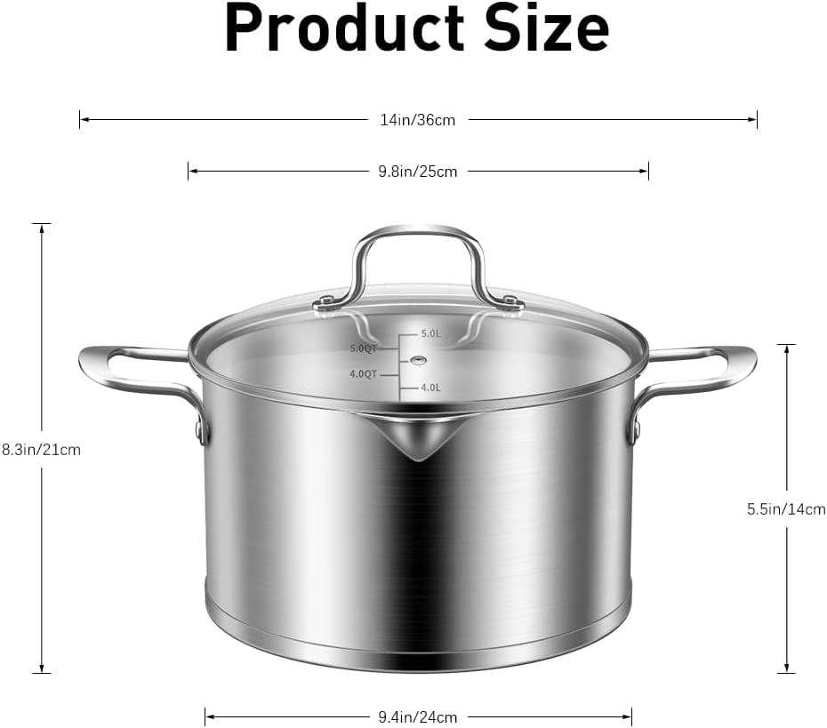 5 Quart Stainless Steel Induction Stock Pot with Glass Lid, 5 Qt Pasta Cooking Soup Pot with Pour Spout, Scale Engraved Inside, Oven Dishwasher Safe, Multipurpose Use For Home Kitchen Restaurant