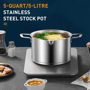 5 Quart Stainless Steel Induction Stock Pot with Glass Lid, 5 Qt Pasta Cooking Soup Pot with Pour Spout, Scale Engraved Inside, Oven Dishwasher Safe, Multipurpose Use For Home Kitchen Restaurant