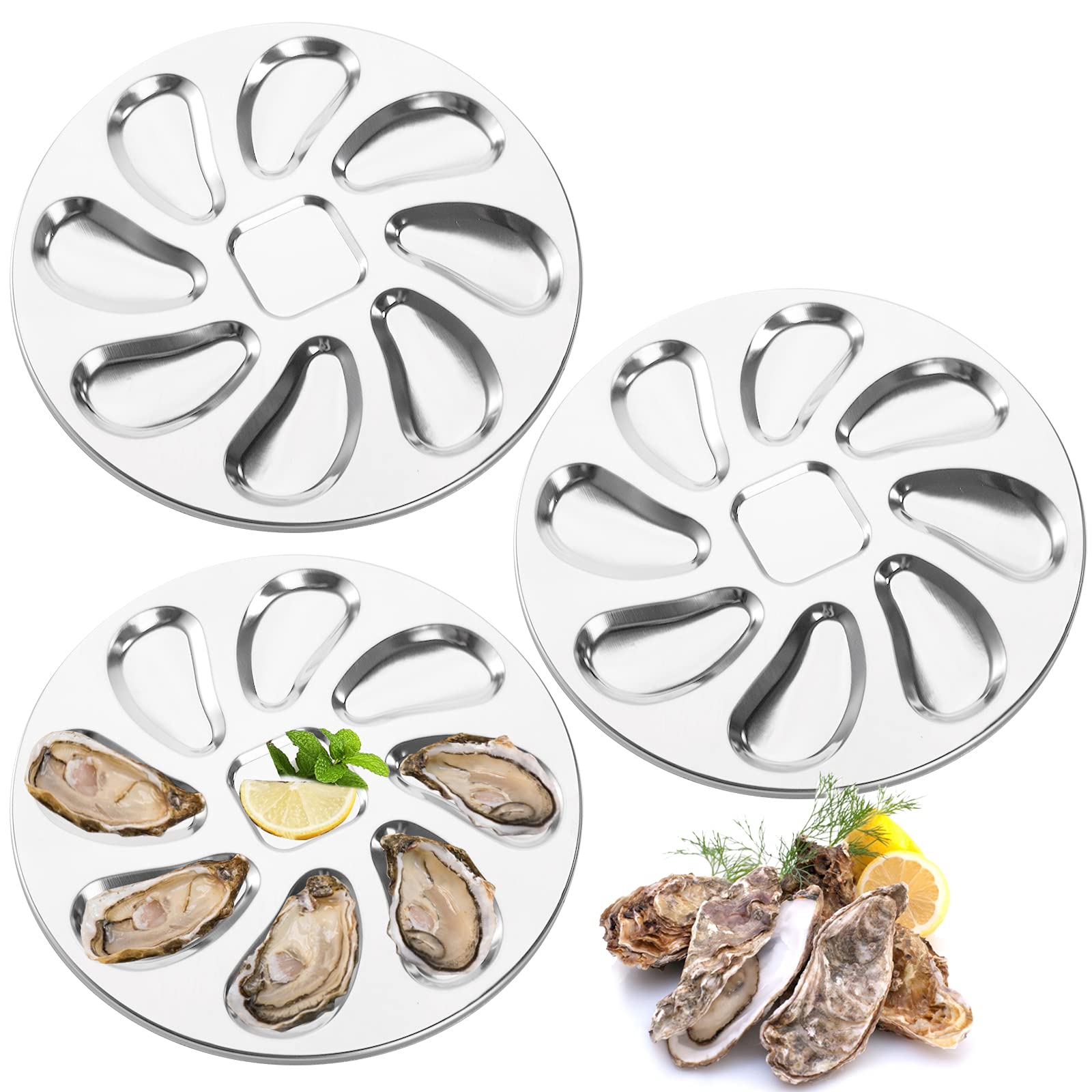 ZOOFOX 3 Pack Stainless Steel Oyster Plate, 8 Slots Oyster Grill Pan, Oyster Shell Shaped Tray for Oysters, Sauce and Lemons, 9.8 Inch