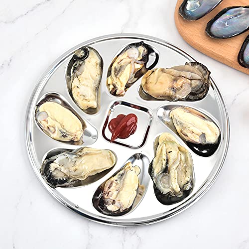 ZOOFOX 3 Pack Stainless Steel Oyster Plate, 8 Slots Oyster Grill Pan, Oyster Shell Shaped Tray for Oysters, Sauce and Lemons, 9.8 Inch