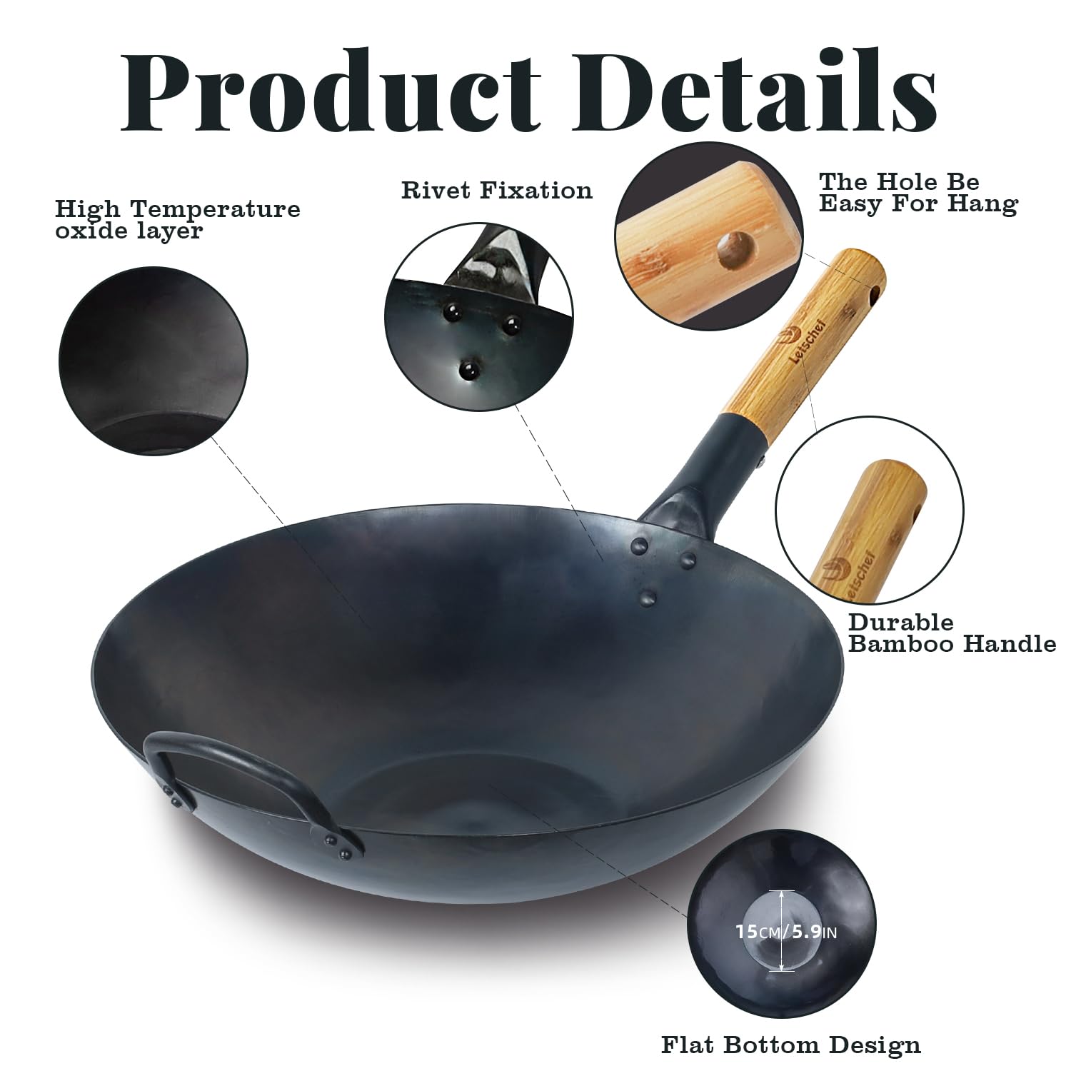 Letschef Carbon Steel Wok 13.5" Pre-seasoned No Coating Flat Bottom Hand Hammered Woks & Stir-Fry Pans with Bamboo and Steel Helper Handle Thickness 1.5mm PFOA Free