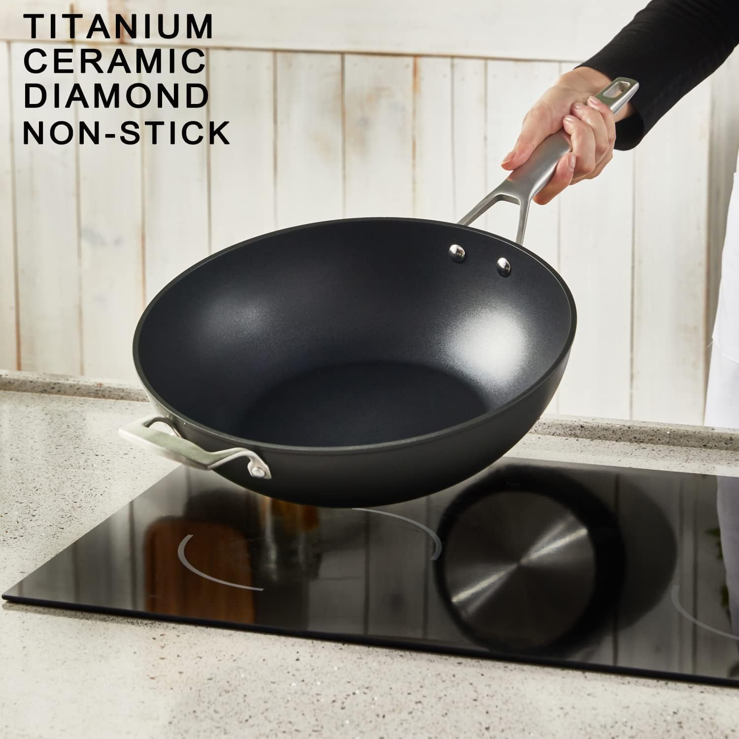 MsMk Titanium and Ceramic Nonstick Wok pan with lid，12.5 Inch Woks & Stir Fry Pans with Stay-Cool Handle，Flat Bottom Wok Suits for Induction, Electric, Gas, Halogen, All Stoves