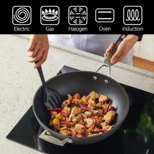 MsMk Titanium and Ceramic Nonstick Wok pan with lid，12.5 Inch Woks & Stir Fry Pans with Stay-Cool Handle，Flat Bottom Wok Suits for Induction, Electric, Gas, Halogen, All Stoves