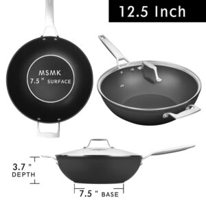 MsMk Titanium and Ceramic Nonstick Wok pan with lid，12.5 Inch Woks & Stir Fry Pans with Stay-Cool Handle，Flat Bottom Wok Suits for Induction, Electric, Gas, Halogen, All Stoves