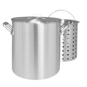 bayou classic 4325 25-qt aluminum shrimp pot features perforated aluminum basket domed vented lid heavy riveted handles perfect for a classic shrimp boil