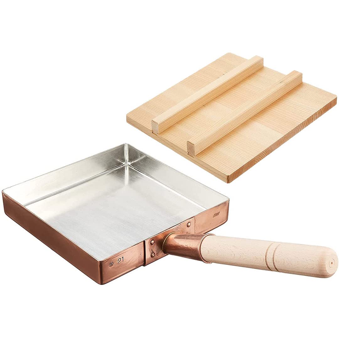 TIKUSAN Japanese Tamagoyaki Omelets Copper Pan with Wooden Lid 8.3 inch (21×21 cm) Square Type Egg Pan