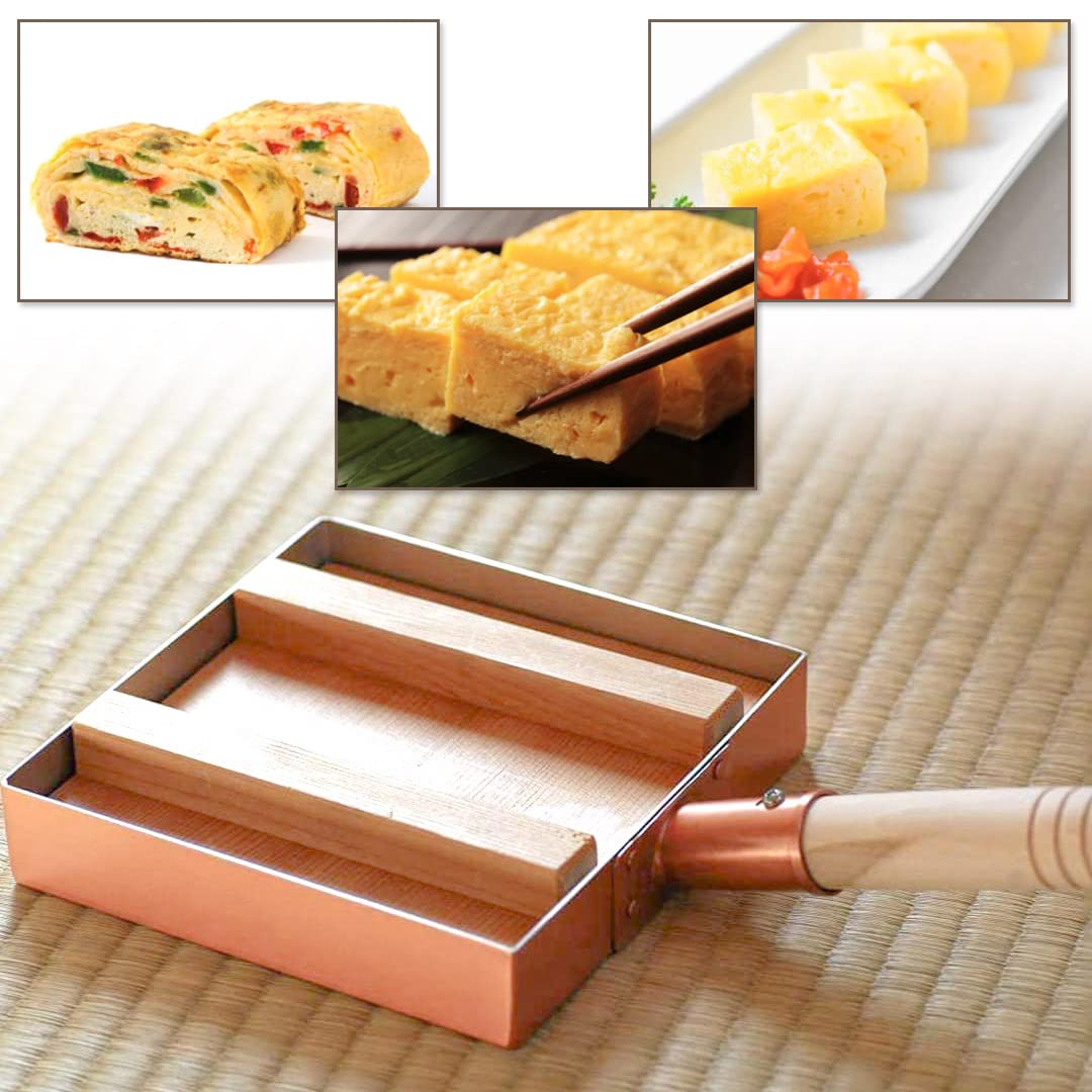 TIKUSAN Japanese Tamagoyaki Omelets Copper Pan with Wooden Lid 8.3 inch (21×21 cm) Square Type Egg Pan