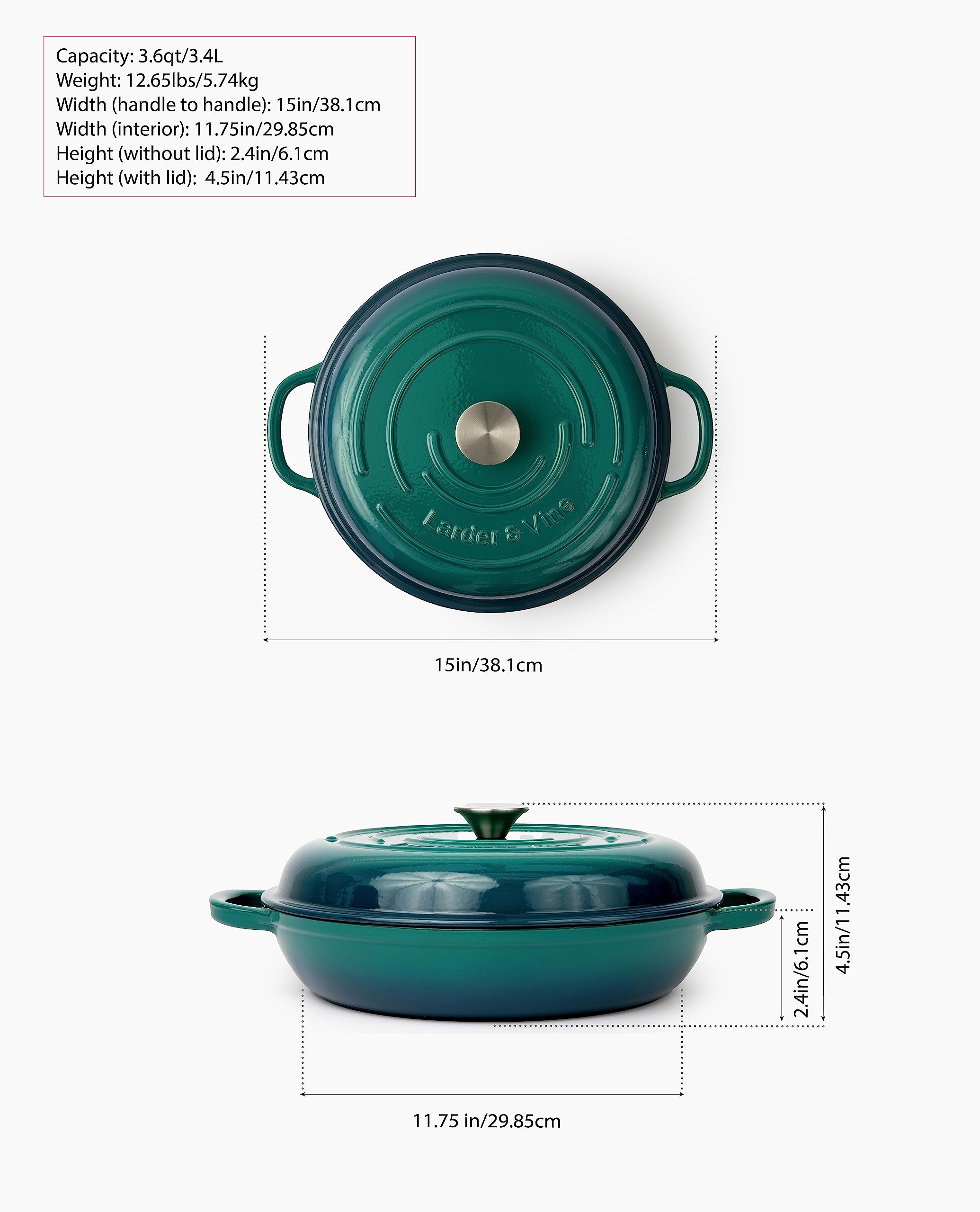 Larder & Vine Enameled Cast Iron Braiser with lid, Cast Iron Casserole Dish | 3.6QT /3.4L (Bondi)