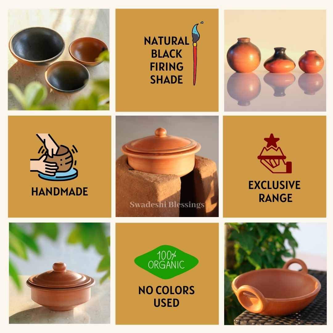 Swadeshi Blessings HandMade Exclusive Range Unglazed Clay Handi/Earthen Kadai/Clay Pot For Cooking & Serving with Lid, 2.8Liters (With Natural White Firing Shade & Mirror Shine) + PALM LEAF STAND