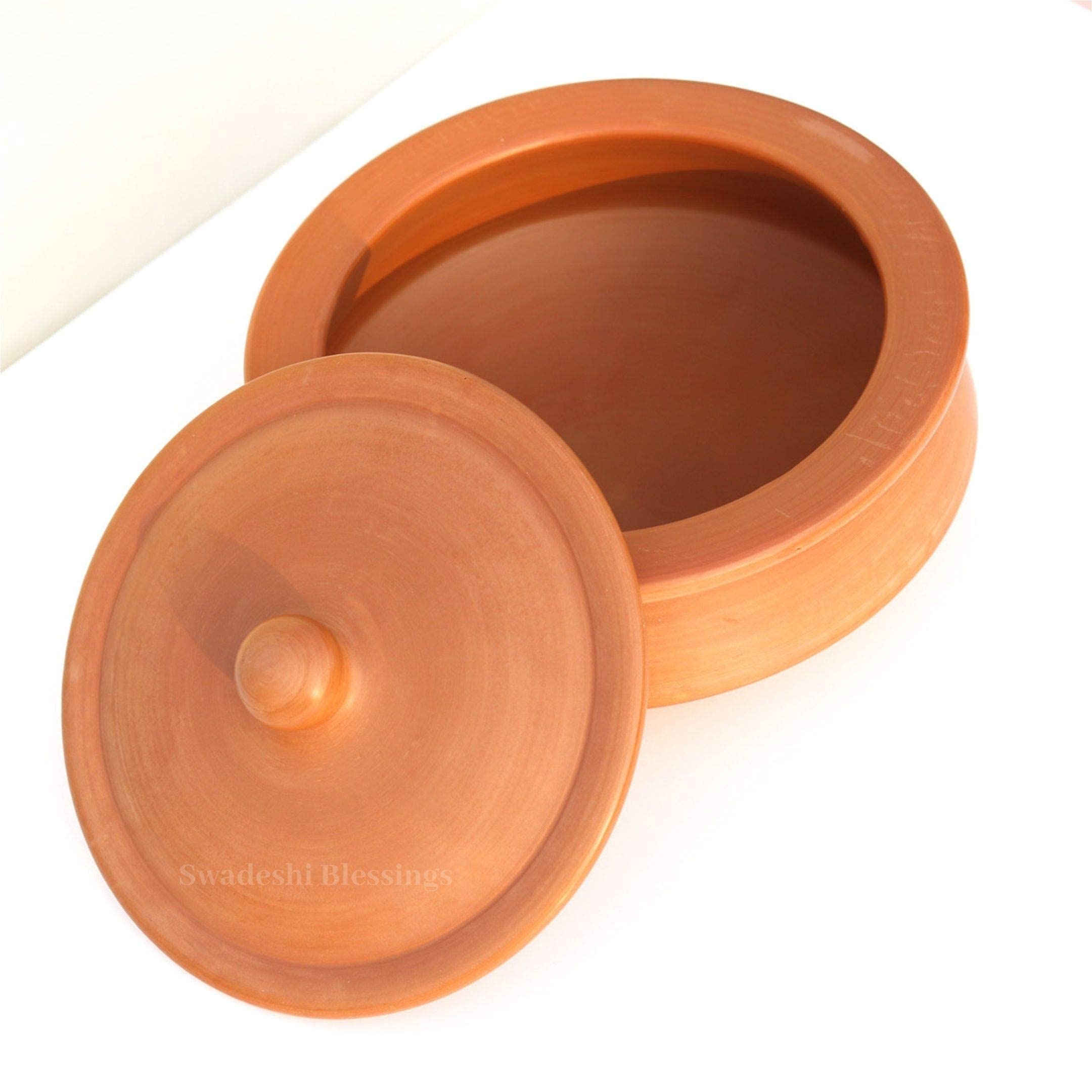 Swadeshi Blessings HandMade Exclusive Range Unglazed Clay Handi/Earthen Kadai/Clay Pot For Cooking & Serving with Lid, 2.8Liters (With Natural White Firing Shade & Mirror Shine) + PALM LEAF STAND