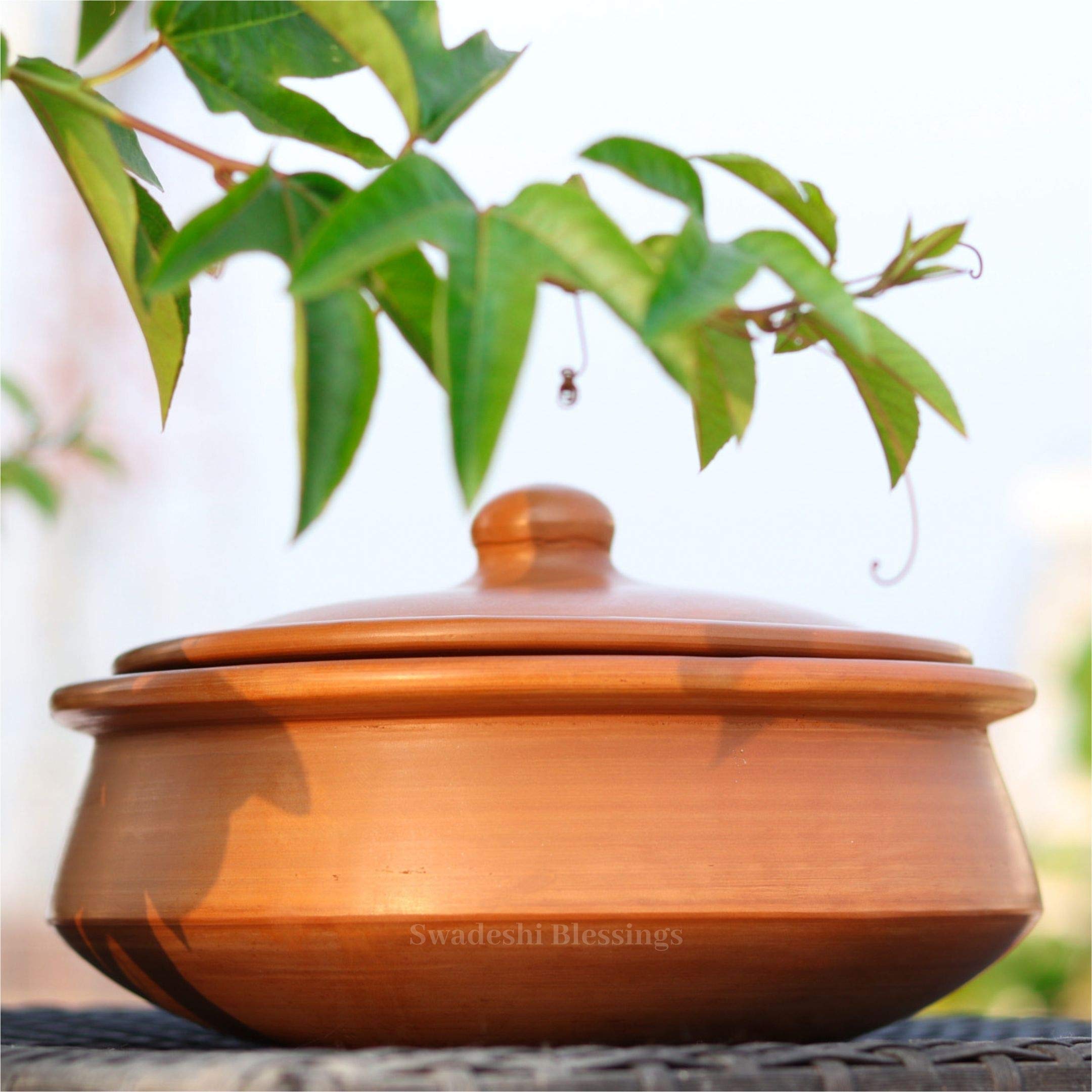 Swadeshi Blessings HandMade Exclusive Range Unglazed Clay Handi/Earthen Kadai/Clay Pot For Cooking & Serving with Lid, 2.8Liters (With Natural White Firing Shade & Mirror Shine) + PALM LEAF STAND