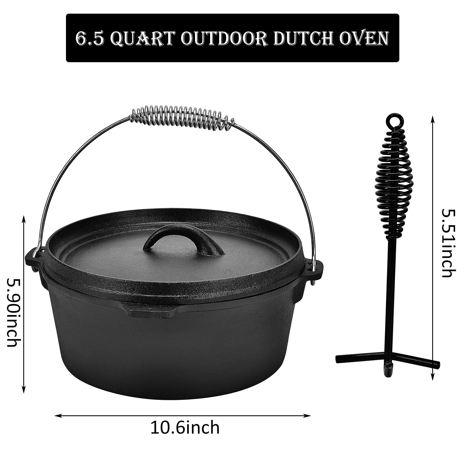 6.5 Quart Cast Iron Dutch Oven Pre-seasoned Pot with Lid Lifter Handle, Casserole Pot with Lid Lifter for Camping Cooking BBQ Baking