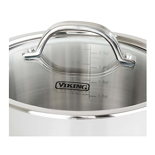 Viking Culinary Contemporary 3-Ply Stainless Steel Soup Pot, 3.4 Quart, Includes Glass Lid, Dishwasher, Oven Safe, Works on All Cooktops including Induction