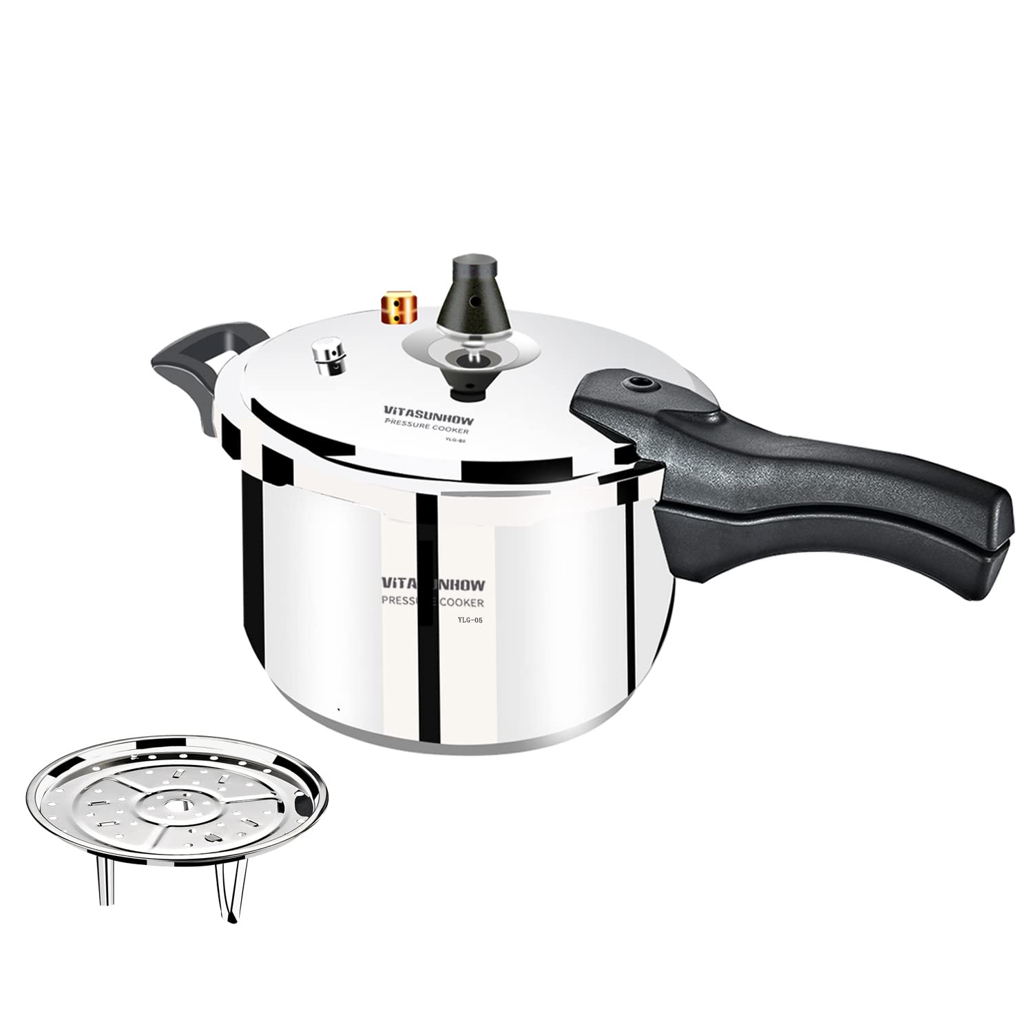 VITASUNHOW Stainless Steel Pressure Cooker with Steamer Basket, Faster Cooking and Safety Pressure Release (5-Liter)