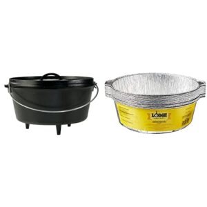 lodge seasoned cast iron dutch oven bundle - 12 inch deep camp oven (8 quart) + aluminum foil liners (12-pack)