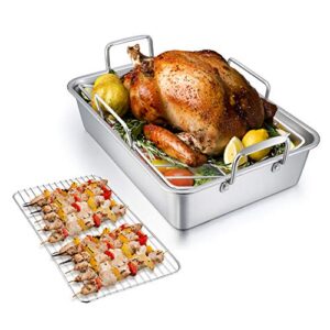 teamfar roasting pan with rack, 14 inch stainless steel turkey roaster lasagna pan with v-shaped rack & cooling rack, healthy & durable, brushed surface & dishwasher safe, rectangular - set of 3