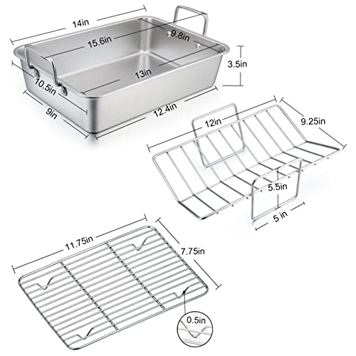 TeamFar Roasting Pan with Rack, 14 Inch Stainless Steel Turkey Roaster Lasagna Pan with V-Shaped Rack & Cooling Rack, Healthy & Durable, Brushed Surface & Dishwasher Safe, Rectangular - Set of 3