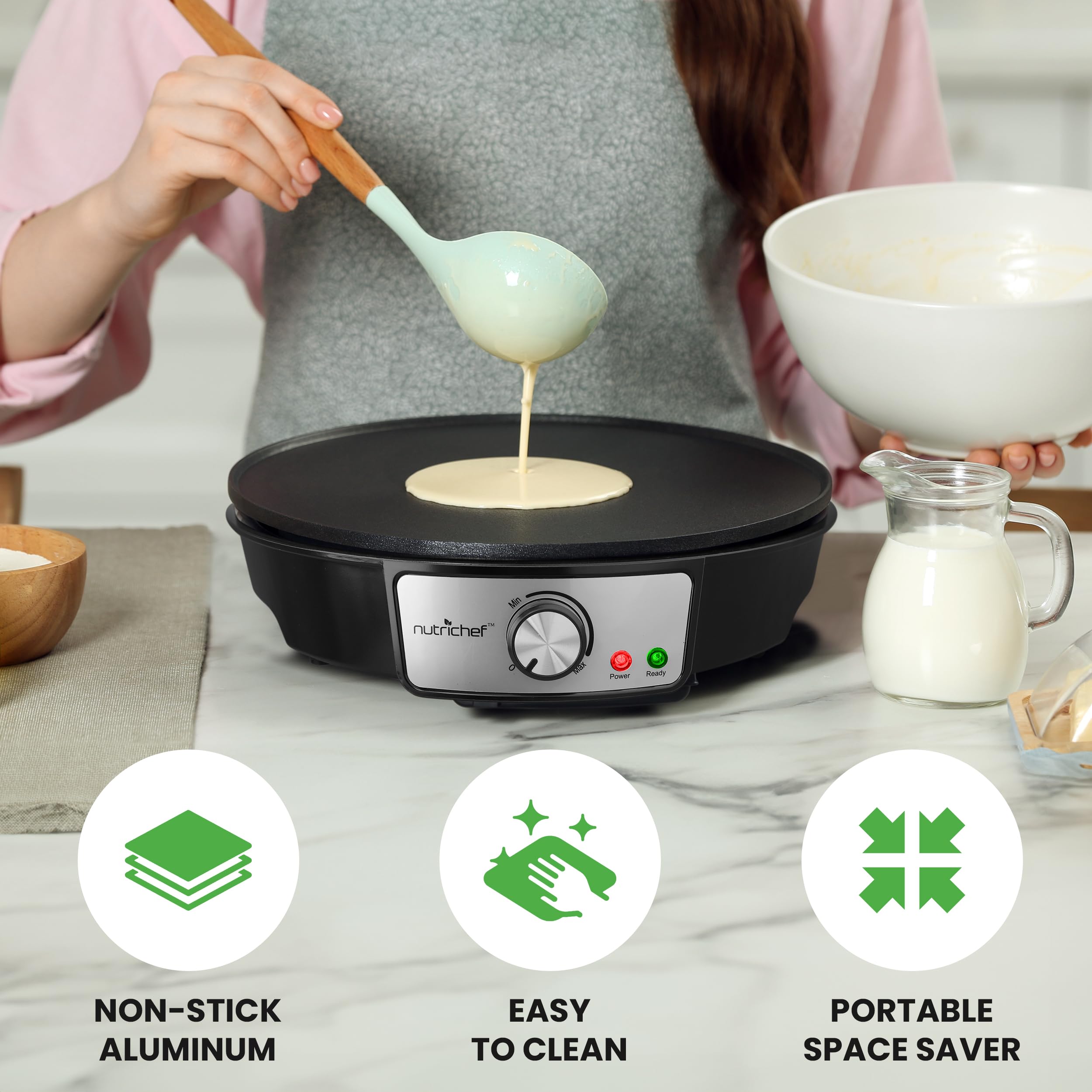 Electric Crepe Maker Pan & Griddle - 12 Inch Nonstick Cooktop - LED Indicators & Adjustable Temperature Control - Includes Spatula, Batter Spreader - Cooks Crepes, Roti & Pancakes