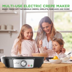 Electric Crepe Maker Pan & Griddle - 12 Inch Nonstick Cooktop - LED Indicators & Adjustable Temperature Control - Includes Spatula, Batter Spreader - Cooks Crepes, Roti & Pancakes