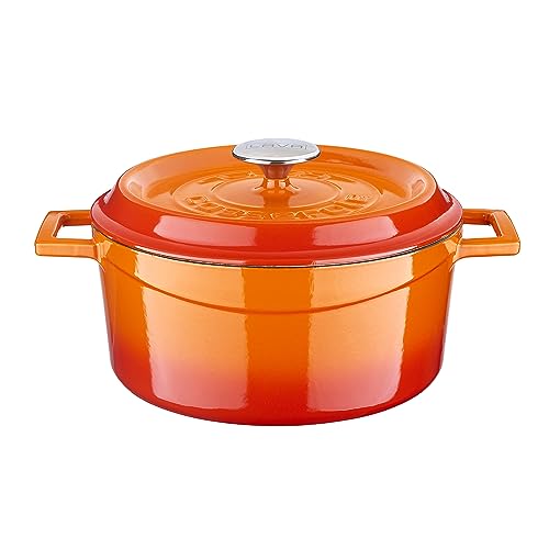 LAVA 7 Quarts Cast Iron Dutch Oven: Multipurpose Stylish Round Shape Dutch Oven Pot with Glossy Sand-Colored Three Layers of Enamel Coated Interior with Trendy Lid (Orange)