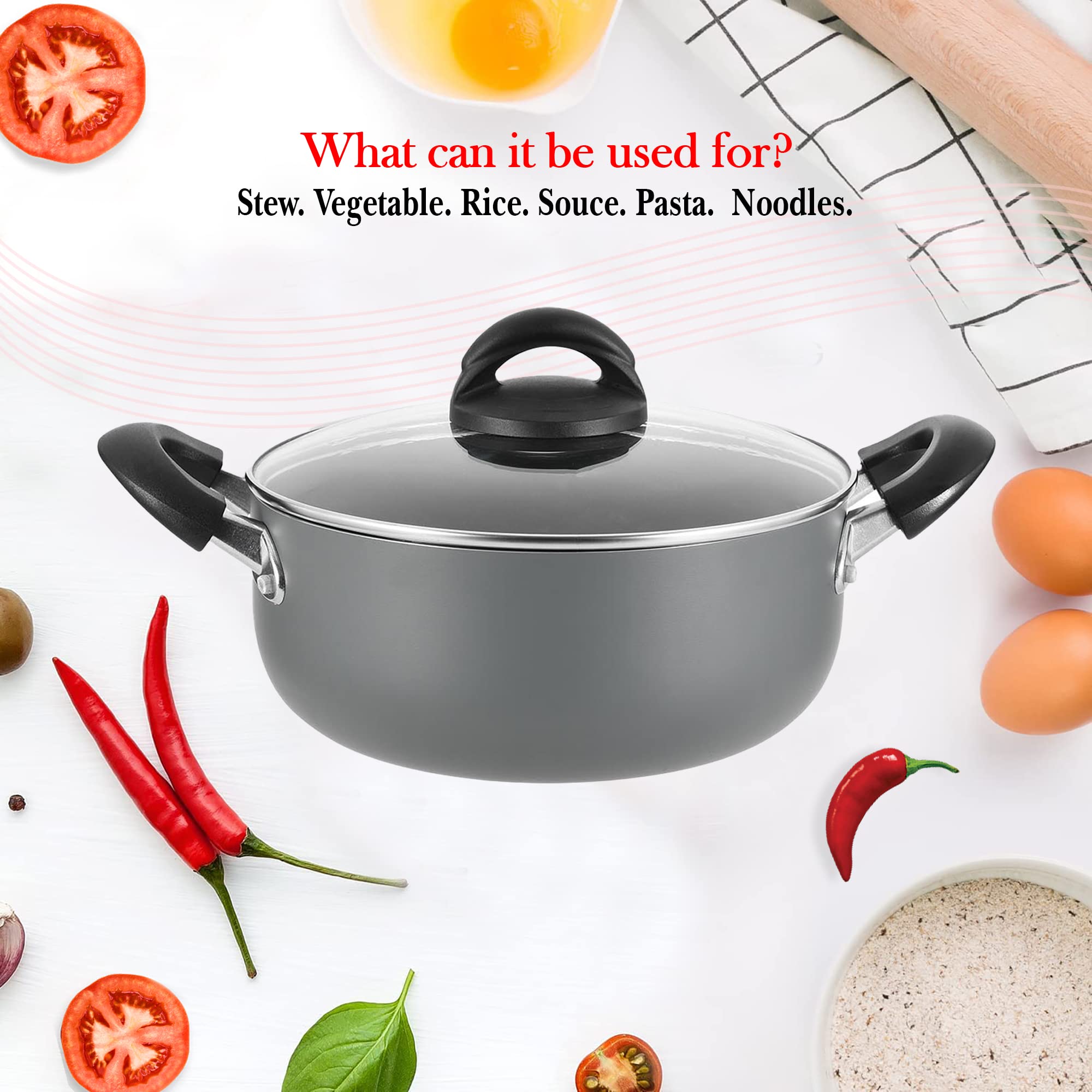 Alpine Cuisine Aluminum Nonstick Coating Dutch oven 4Qt Pot with Lid & Bakelite Handle, Suitable for Bread Baking & Roasting, Ideal for Family, Durable and Evenly Heated, Dishwasher Safe - Gray