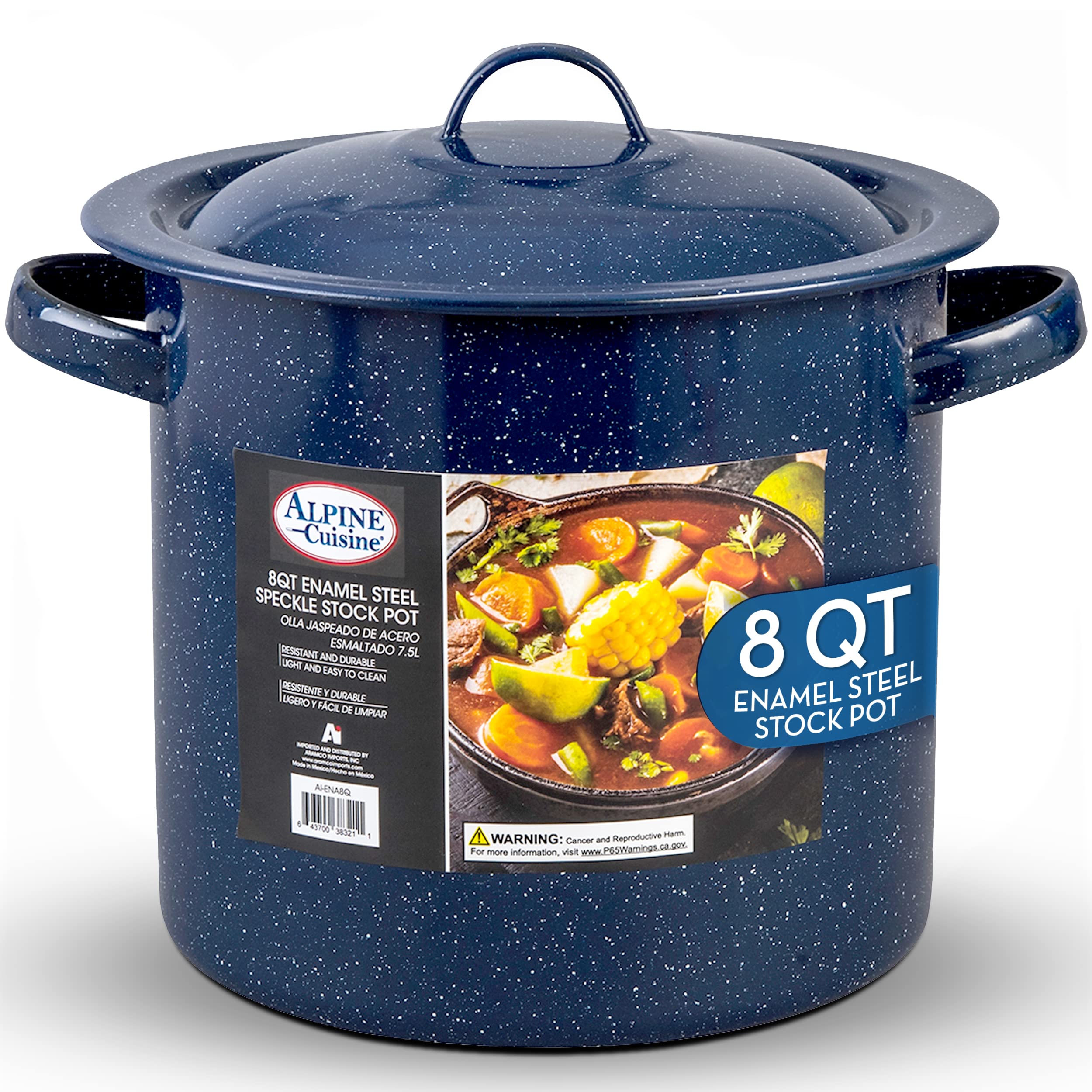 Alpine Cuisine Enamel Steel Dark Blue Speckle Stock Pot 8-qt with Lid, Healthy Cookware Commercial Grade Stockpots, Multi Cooking Pot for Stew, Sauce & Reheat Food, Compatible for Family Meals