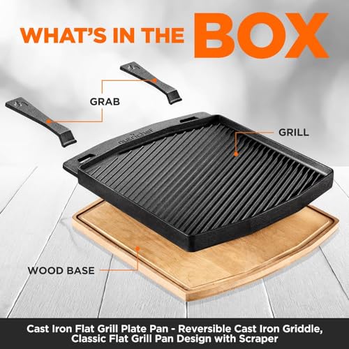 NutriChef Cast Iron Reversible Grill Plate - Griddle Skillet Flat Grill Pan For Stove Top - Gas Range Grilling Pan w/ 2 Holder For Electric Stovetop, Ceramic, Induction - Includes Wood base