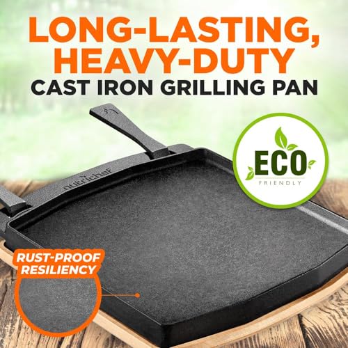 NutriChef Cast Iron Reversible Grill Plate - Griddle Skillet Flat Grill Pan For Stove Top - Gas Range Grilling Pan w/ 2 Holder For Electric Stovetop, Ceramic, Induction - Includes Wood base