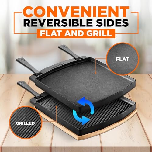 NutriChef Cast Iron Reversible Grill Plate - Griddle Skillet Flat Grill Pan For Stove Top - Gas Range Grilling Pan w/ 2 Holder For Electric Stovetop, Ceramic, Induction - Includes Wood base