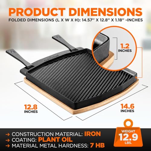 NutriChef Cast Iron Reversible Grill Plate - Griddle Skillet Flat Grill Pan For Stove Top - Gas Range Grilling Pan w/ 2 Holder For Electric Stovetop, Ceramic, Induction - Includes Wood base