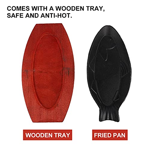 DOITOOL Fish Shaped Grill Pan Pre Seasoned Cast Iron Skillet with Wooden Base Fish Cast Iron Grill and Serving Pan Fryer Portable BBQ Pan Plate Baking Tools,for Cooktop,Gas Stoves,BBQ etc