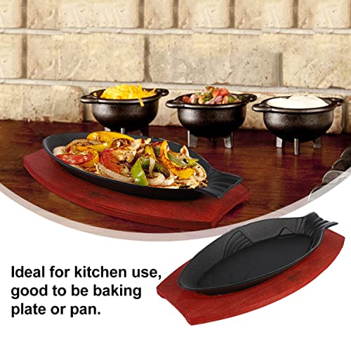 DOITOOL Fish Shaped Grill Pan Pre Seasoned Cast Iron Skillet with Wooden Base Fish Cast Iron Grill and Serving Pan Fryer Portable BBQ Pan Plate Baking Tools,for Cooktop,Gas Stoves,BBQ etc