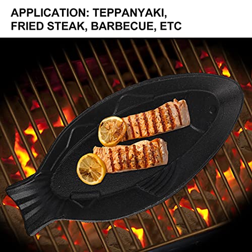 DOITOOL Fish Shaped Grill Pan Pre Seasoned Cast Iron Skillet with Wooden Base Fish Cast Iron Grill and Serving Pan Fryer Portable BBQ Pan Plate Baking Tools,for Cooktop,Gas Stoves,BBQ etc