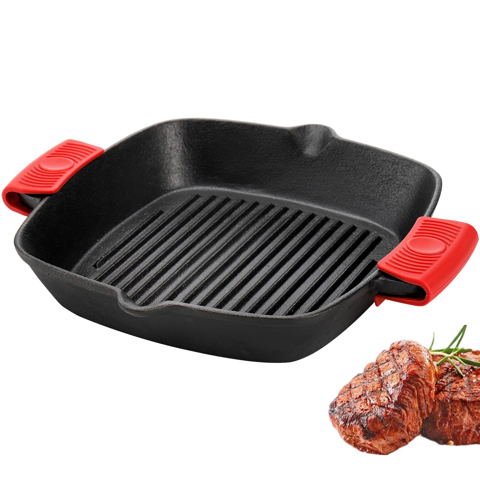 ZOOFOX Cast Iron Grill Pan, 10" Square Skillet with Easy Grease Drain Spout and Two Heat Insulated Silicone Handle Cover, Pre Seasoned Grill Pan for Grilling Bacon, Steak, Meats, Camping