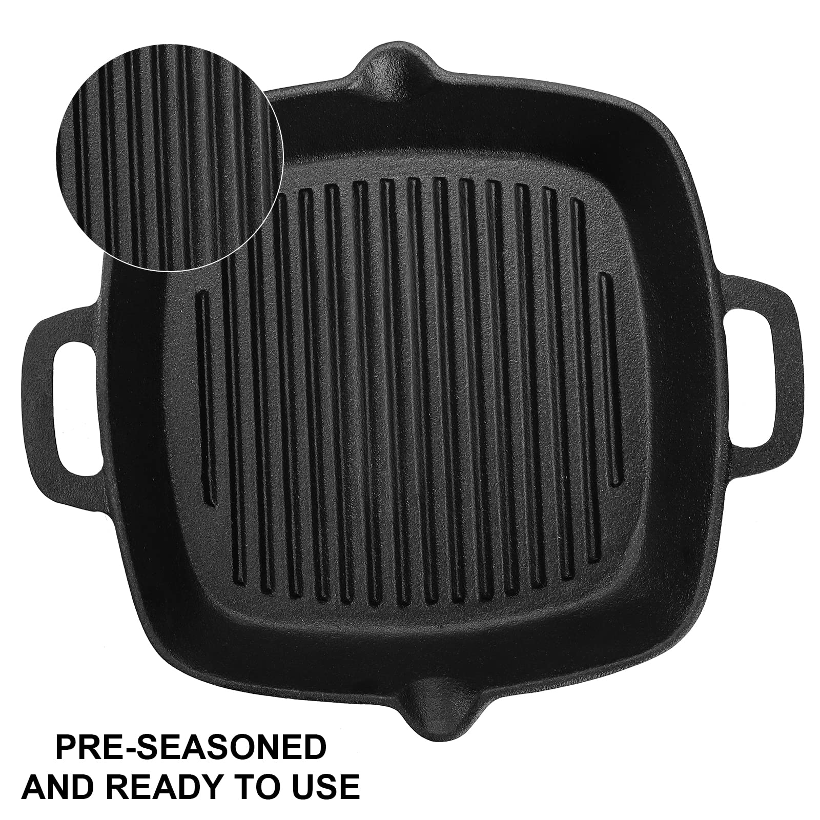 ZOOFOX Cast Iron Grill Pan, 10" Square Skillet with Easy Grease Drain Spout and Two Heat Insulated Silicone Handle Cover, Pre Seasoned Grill Pan for Grilling Bacon, Steak, Meats, Camping