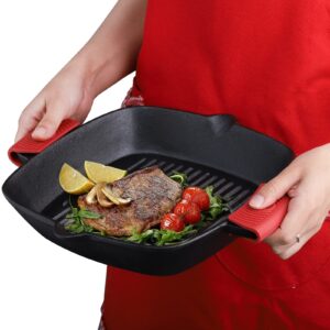 ZOOFOX Cast Iron Grill Pan, 10" Square Skillet with Easy Grease Drain Spout and Two Heat Insulated Silicone Handle Cover, Pre Seasoned Grill Pan for Grilling Bacon, Steak, Meats, Camping