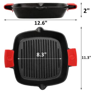 ZOOFOX Cast Iron Grill Pan, 10" Square Skillet with Easy Grease Drain Spout and Two Heat Insulated Silicone Handle Cover, Pre Seasoned Grill Pan for Grilling Bacon, Steak, Meats, Camping