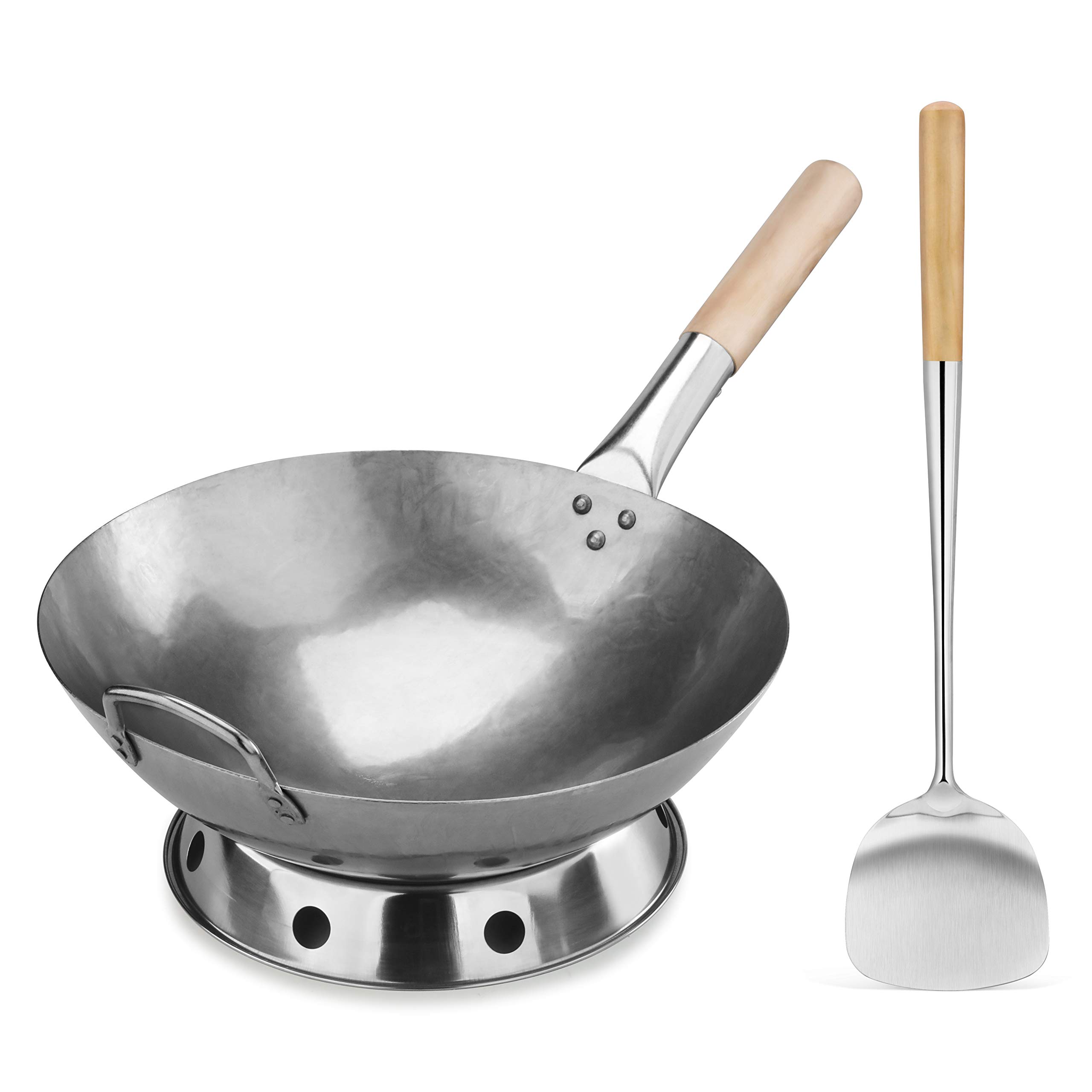 New Star Foodservice 1028720 Carbon Steel Pow Wok Set with Wood and Steel Helper Handle, Hand Hammered, Includes 14" Round Bottom Wok, Wok Rack/Ring, and Spatula (Hand Wash Recomended)