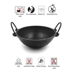 TAZBI Pre-Seasoned Small Cast Iron Kadai 8 Inch (Ready to Use-Hand Seasoned by Village Ladies Using Oil), Black