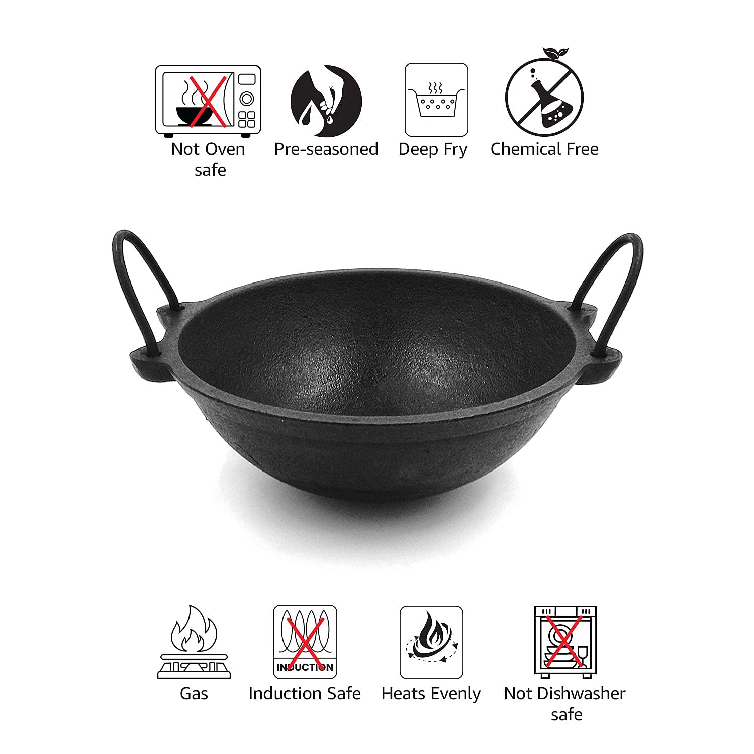 TAZBI Pre-Seasoned Small Cast Iron Kadai 8 Inch (Ready to Use-Hand Seasoned by Village Ladies Using Oil), Black