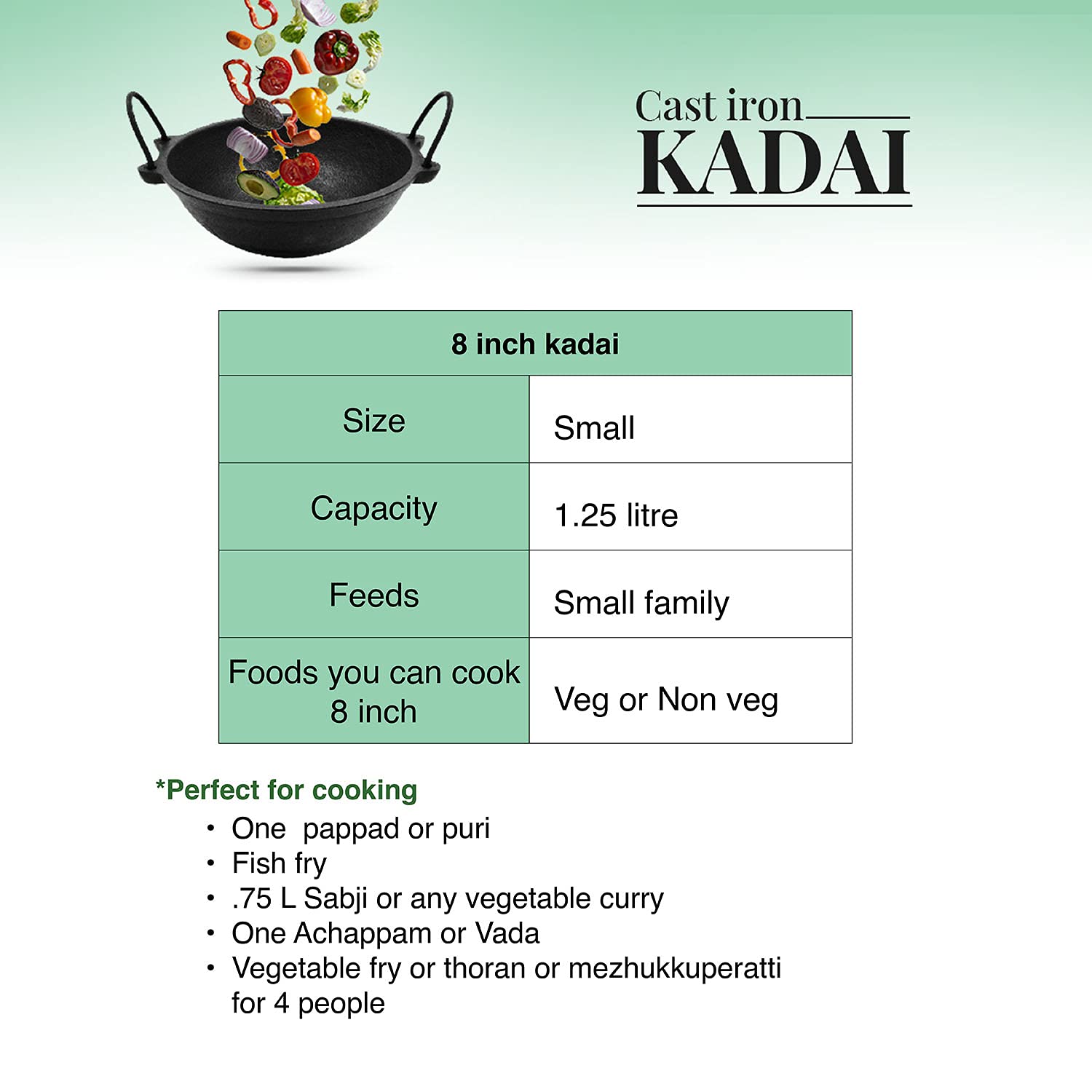 TAZBI Pre-Seasoned Small Cast Iron Kadai 8 Inch (Ready to Use-Hand Seasoned by Village Ladies Using Oil), Black