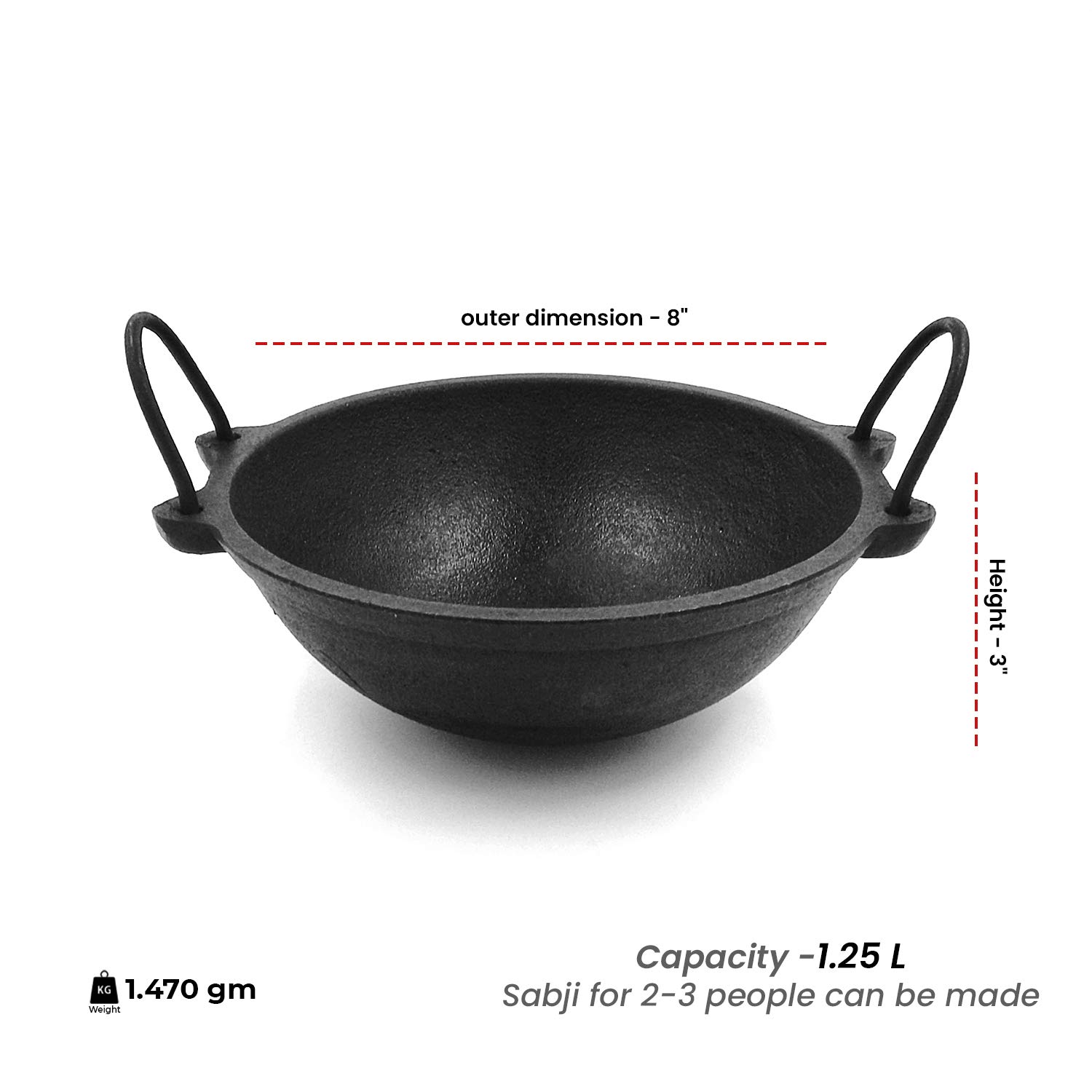 TAZBI Pre-Seasoned Small Cast Iron Kadai 8 Inch (Ready to Use-Hand Seasoned by Village Ladies Using Oil), Black