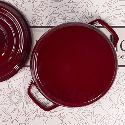 OLLAKOK 2.5 QT Enameled Cast Iron Dutch Oven with Lid Dual Handles Heavy Cast Iron Pot (Wine Red)