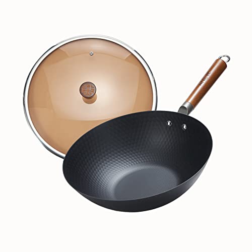 WANGYUANJI Iron Wok,12" Lightweight Woks and Stir Fry Pans with Lid,Wooden Handle Carbon Steel Wok No Chemical Coated Flat Bottom Wok for Induction, Electric, Gas, Halogen All Stoves