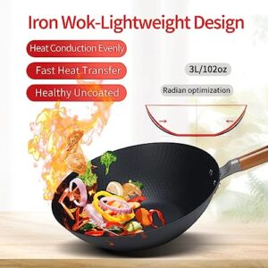 WANGYUANJI Iron Wok,12" Lightweight Woks and Stir Fry Pans with Lid,Wooden Handle Carbon Steel Wok No Chemical Coated Flat Bottom Wok for Induction, Electric, Gas, Halogen All Stoves